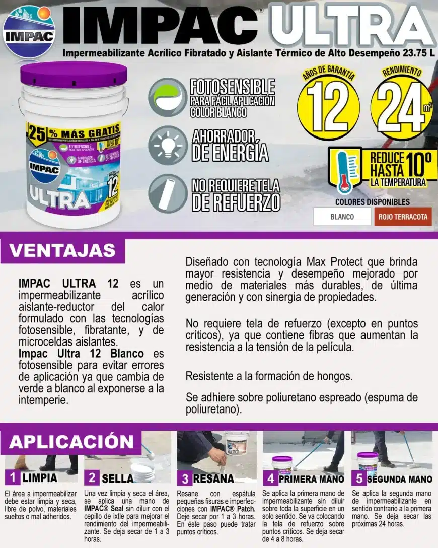 IMPERMEABILIZANTE ACRÍLICO FOTOSENSIBLE FIBRATADO BLANCO 12 AÑOS IMPAC ...